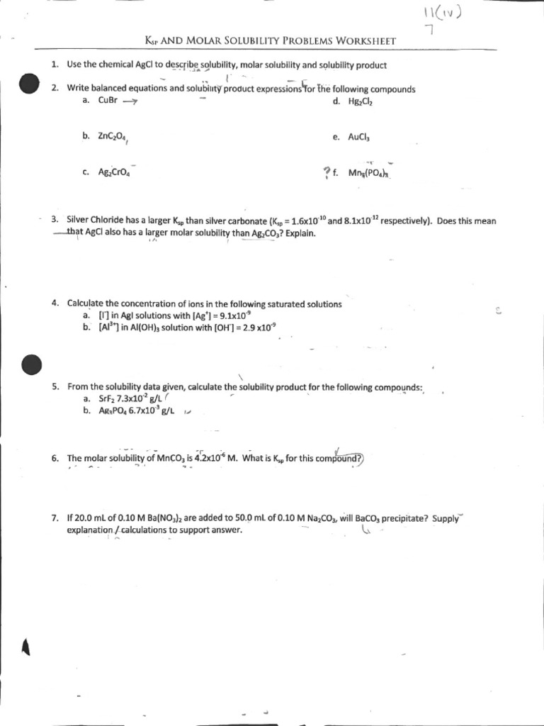 KSP and Molar Solubility Problems Worksheet - Key | PDF