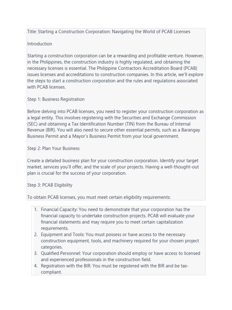 PCAB Licensing for Construction Firms | PDF