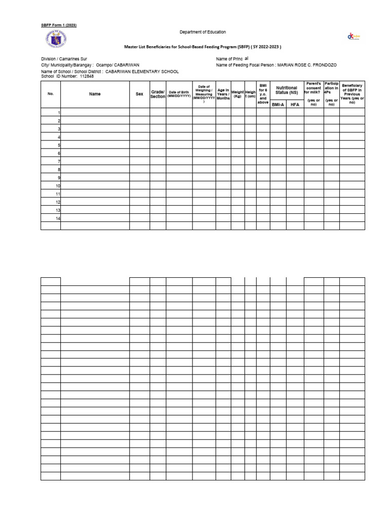 SBFP Forms 1-6 (2023) | PDF