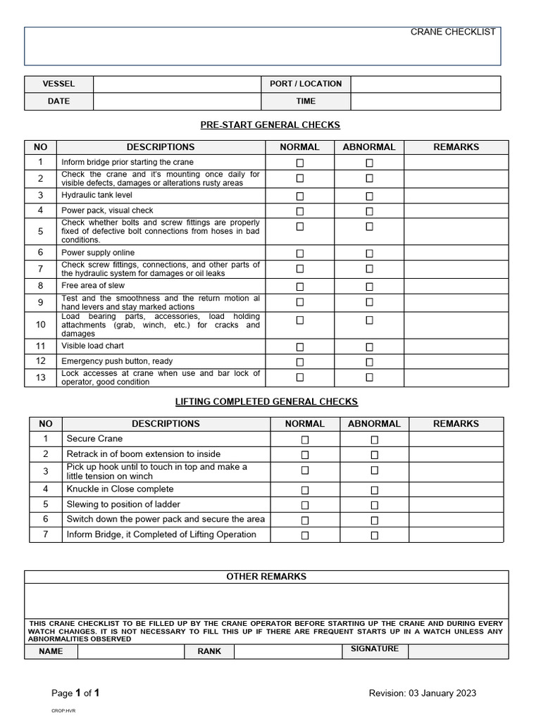 Pre Start Crane Checklist Palfinger | PDF