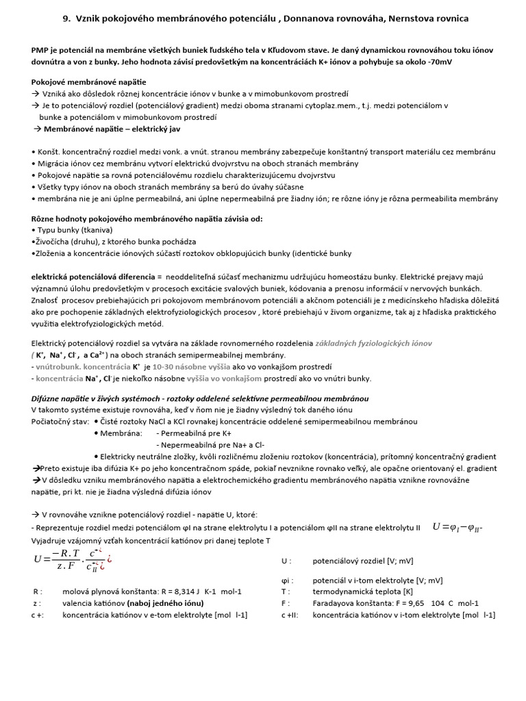 9. Vznik pokojového membránového potenciálu , Donnanova rovnováha ...