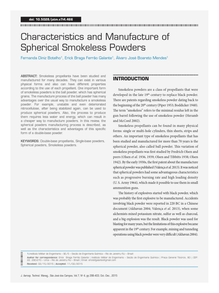 Characteristics and Manufacture of Smokeless Gunpowder | PDF