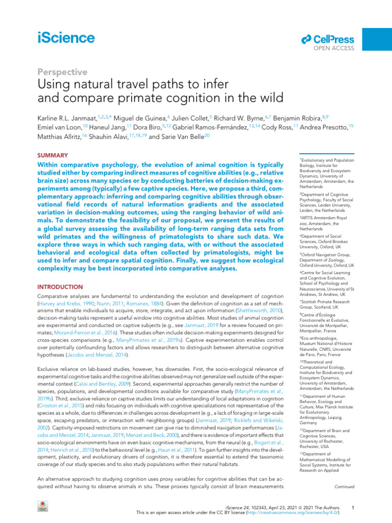 Using Natural Travel Paths To Infer and Compare Primate Cognitio - 2021 ...