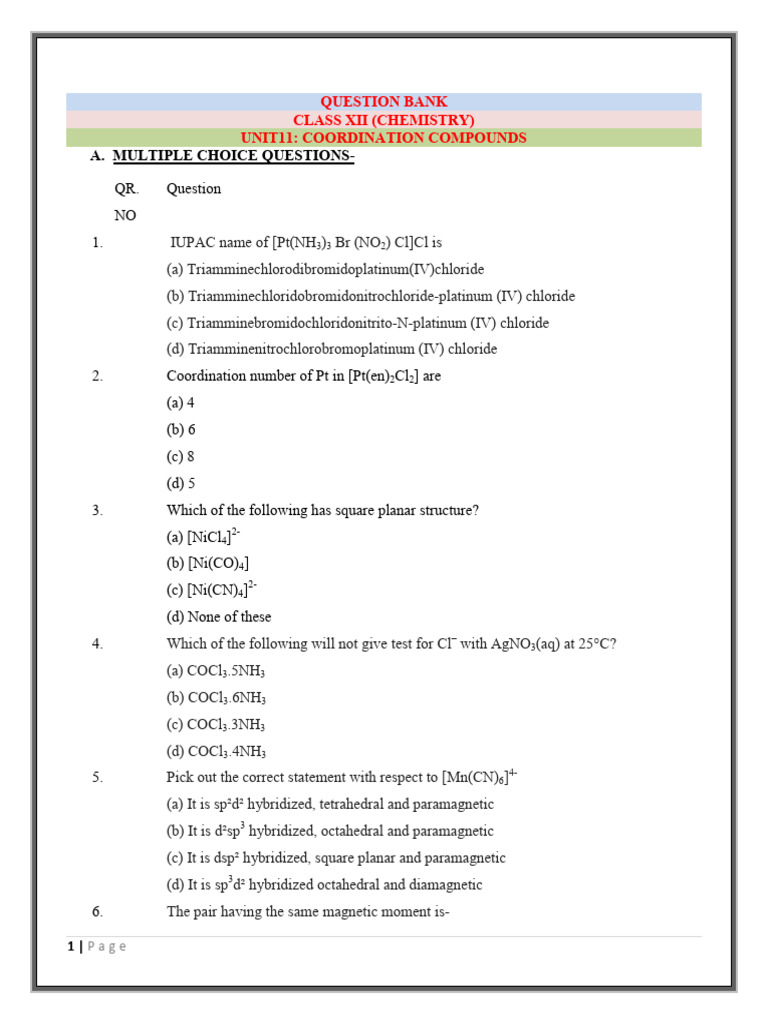 MCQ - Coordination Compounds | PDF | Coordination Complex | Ligand
