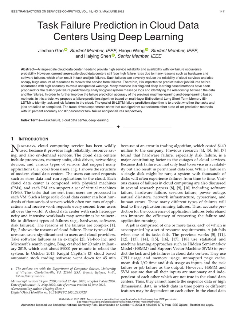 Task Failure Prediction in Cloud Data Centers Using Deep Learning | PDF