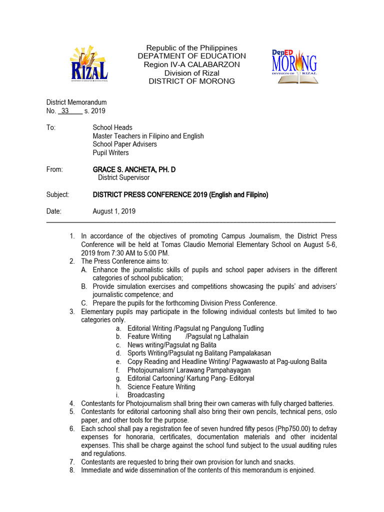 Dist. Memo On Press Conference 2019 English Filipino | PDF