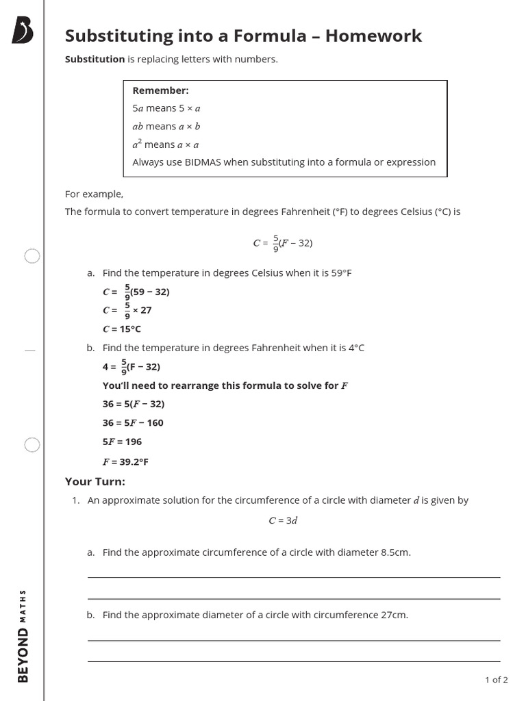 T M 31105 Substituting Into Formulae Homework Ver 1 | PDF