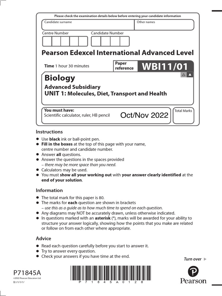 Edexcel IAL Biology Unit 1 Past Paper | PDF
