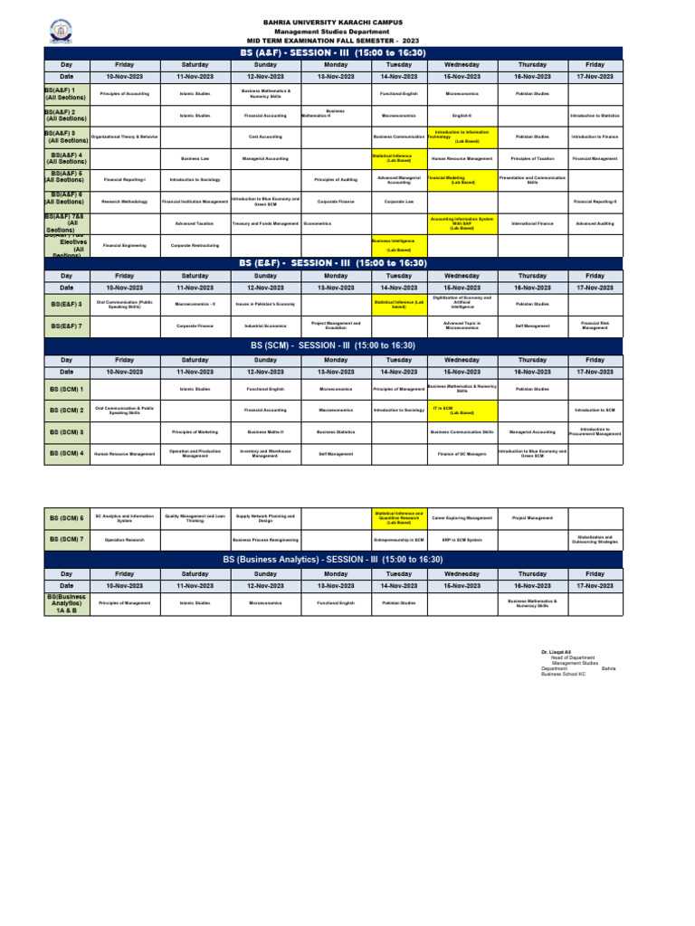 Bahria Uni Karachi Midterm Schedule | PDF | Supply Chain Management | Accounting