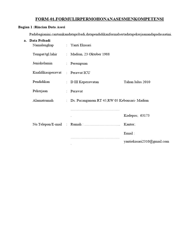 Form Kredensial Perawat Icu (Yanti) | PDF