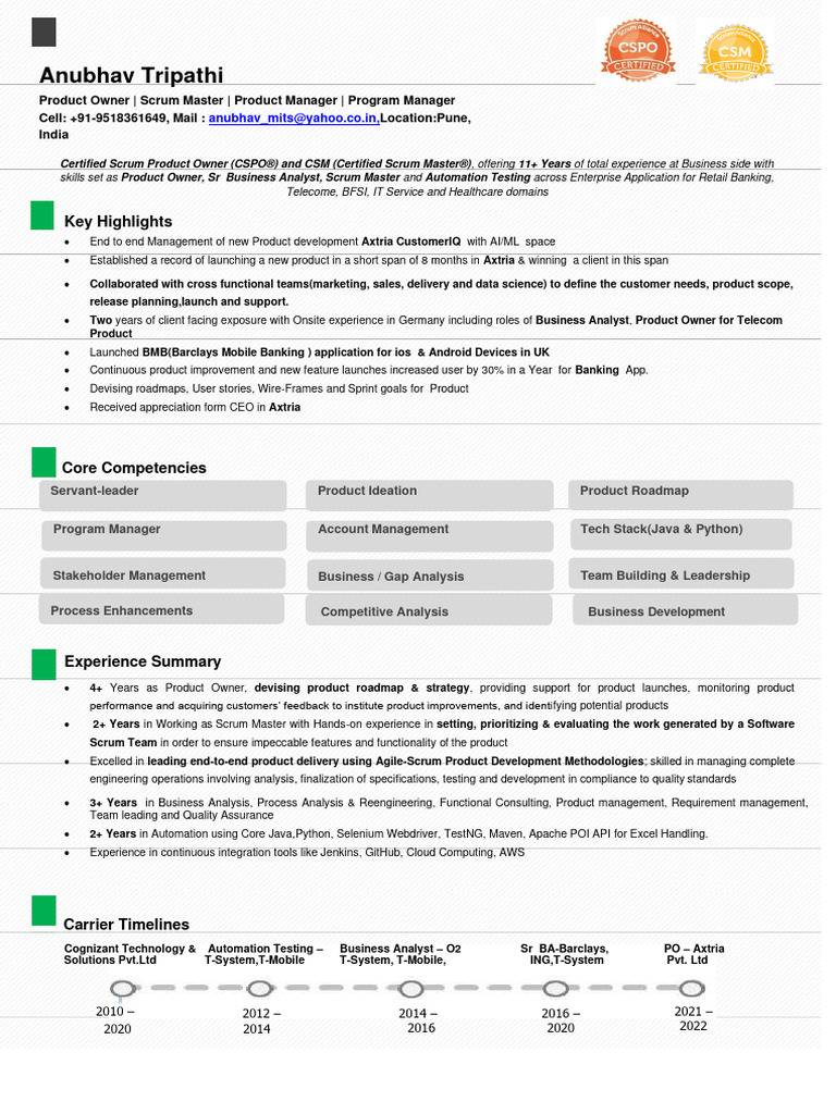 Anubhav Tripathi CSPO Resume | PDF | Scrum (Software Development) | Ing Group