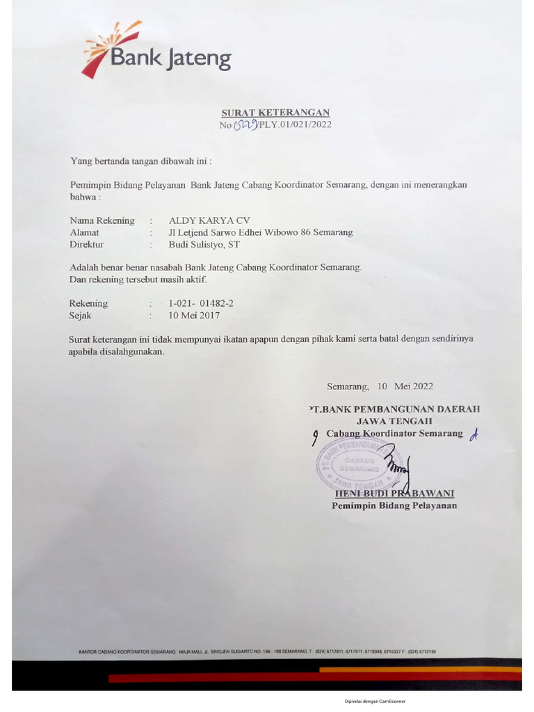 Surat Keterangan Bank Jateng 2022 | PDF