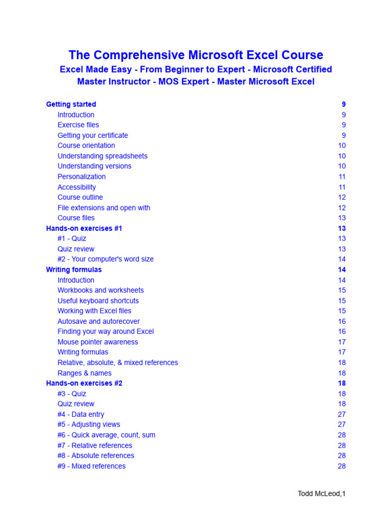 Microsoft+Excel+Comprehensive+ +Course+Outline+ +Todd+McLeod | PDF