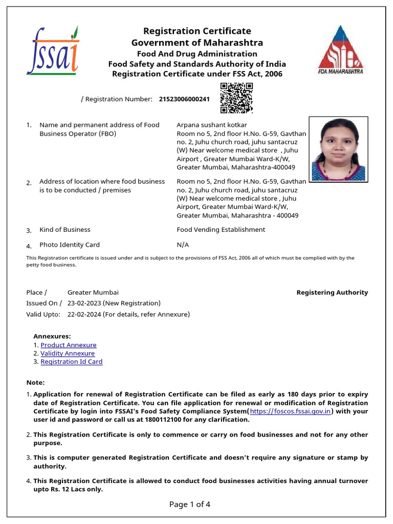 Arpana Kotkar Fssai License | PDF