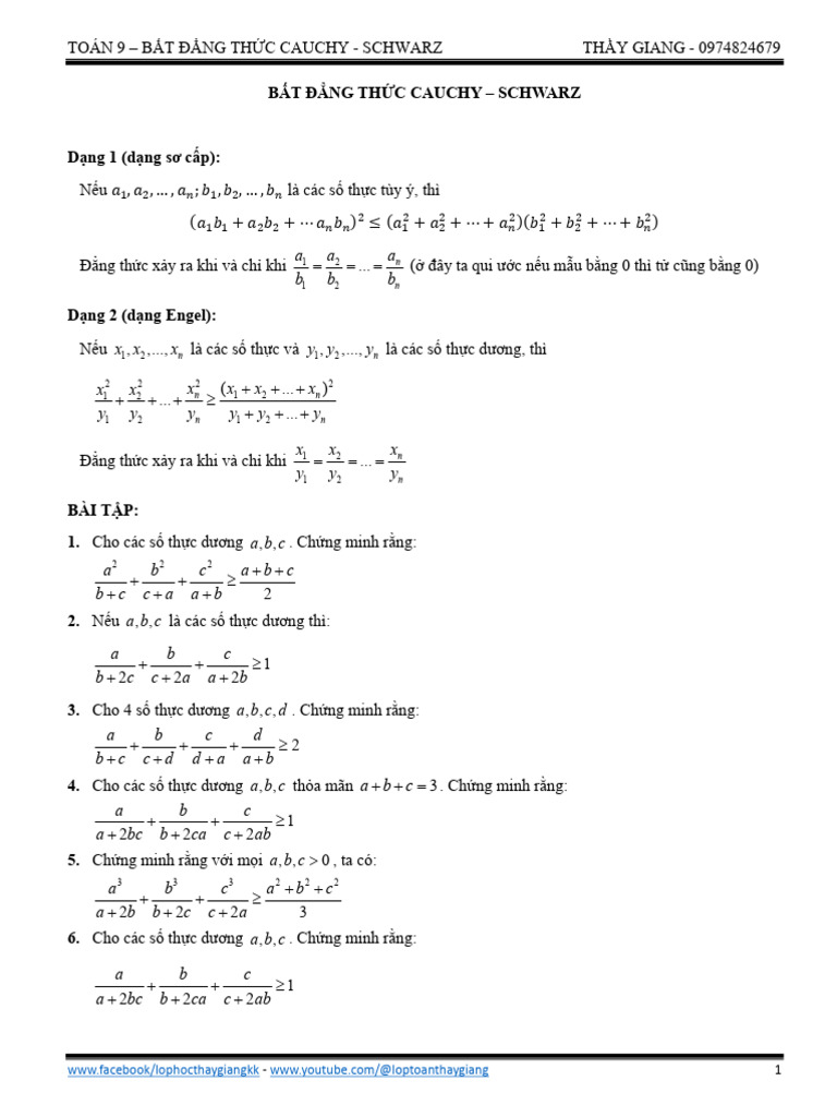 CD Chuyen Toan 9 - BDT Cauchy - Schwarz | PDF