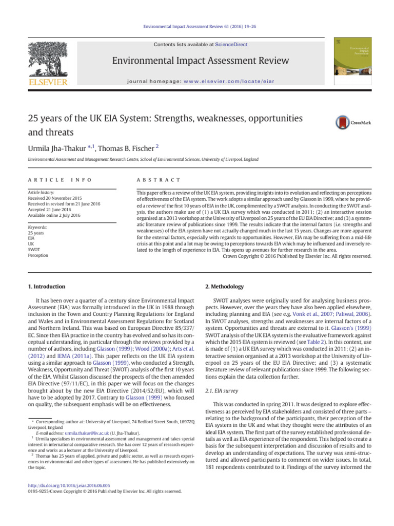 25 Years of The UK EIA System - Strengths, Weaknesses, Opportunities and Threats | PDF