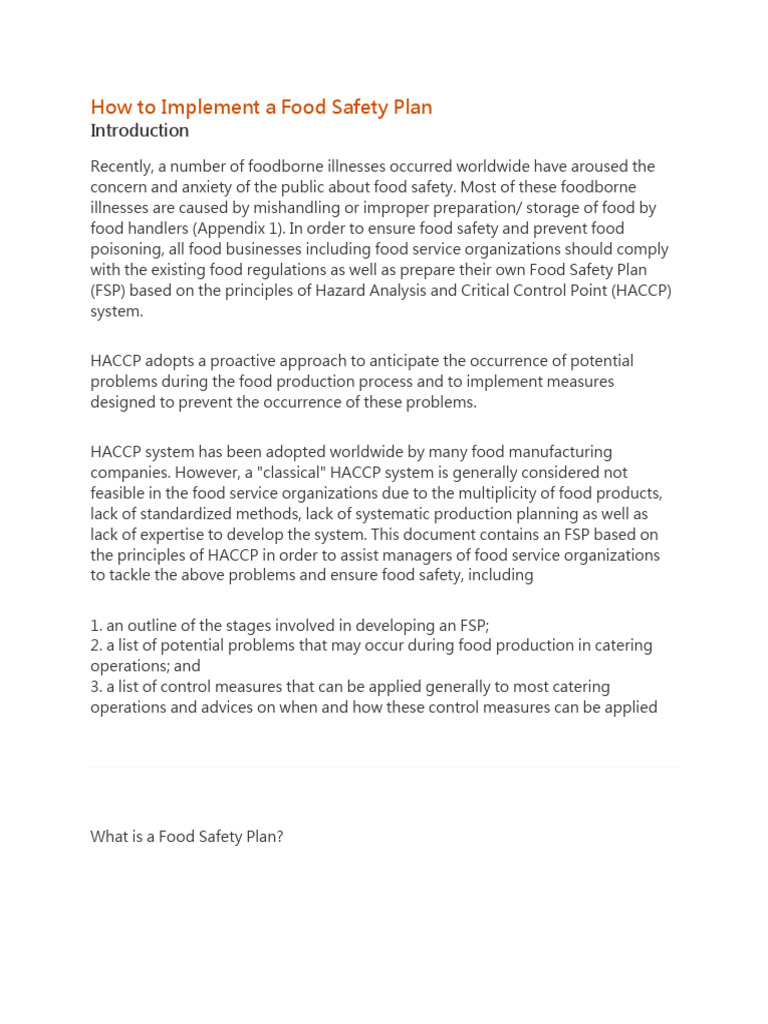 How To Implement A Food Safety Plan | PDF