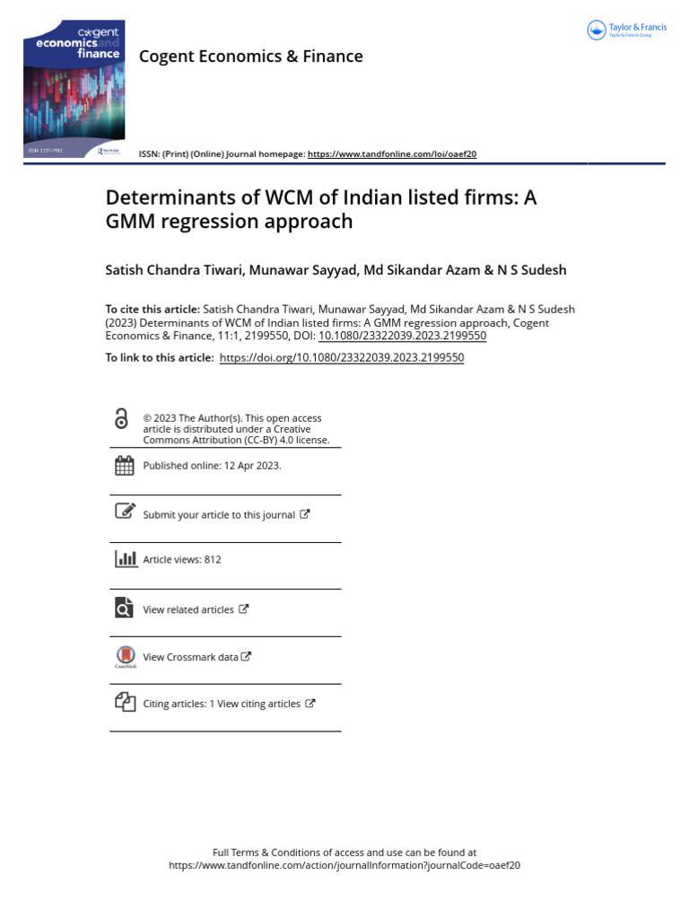 Determinants of WCM of Indian Listed Firms A GMM Regression Approach | PDF