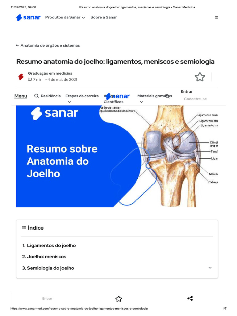 Resumo Anatomia Do Joelho - Ligamentos, Meniscos e Semiologia - Sanar ...