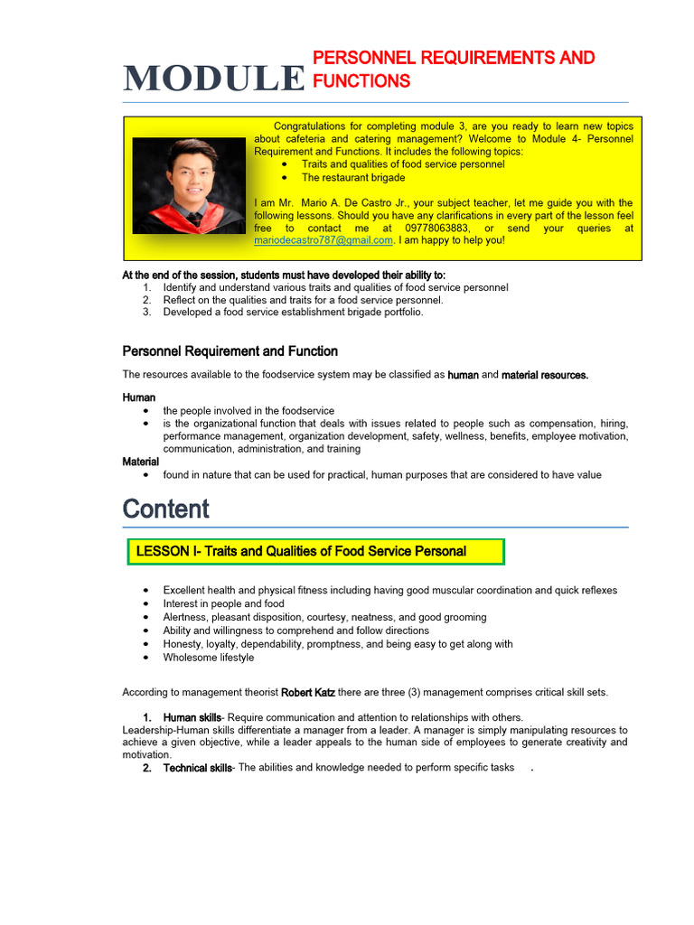 MODULE 4 Personnel Requirement and Function | PDF