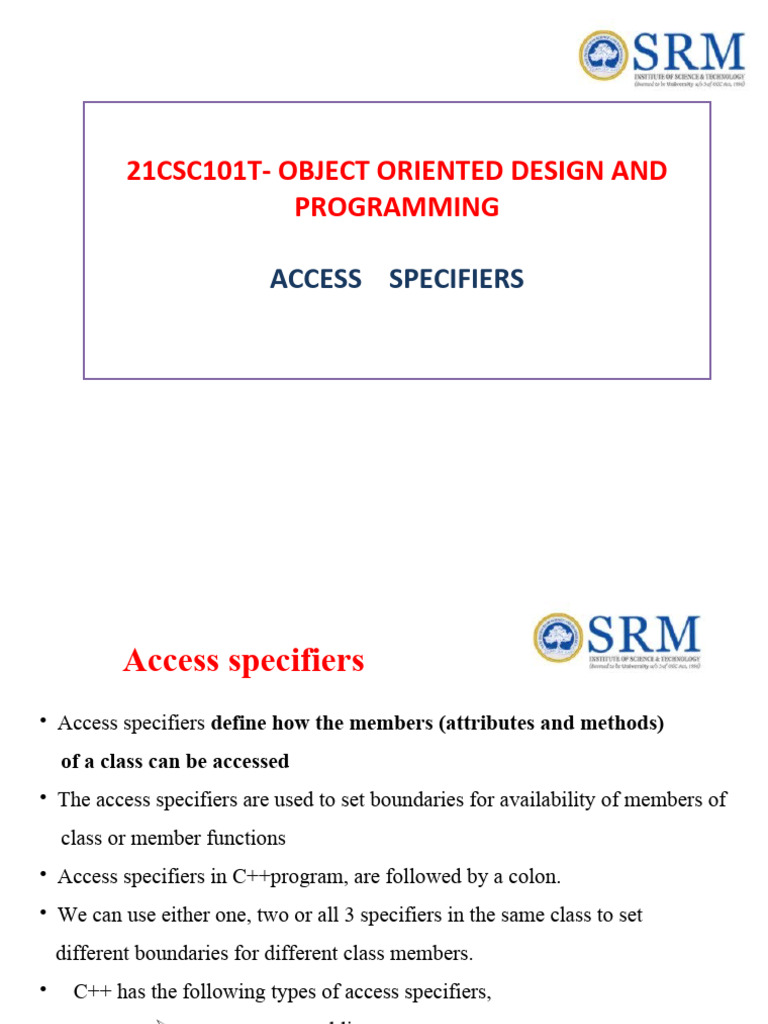 21Csc101T-Object Oriented Design and Programming: Access Specifiers | PDF | Computers