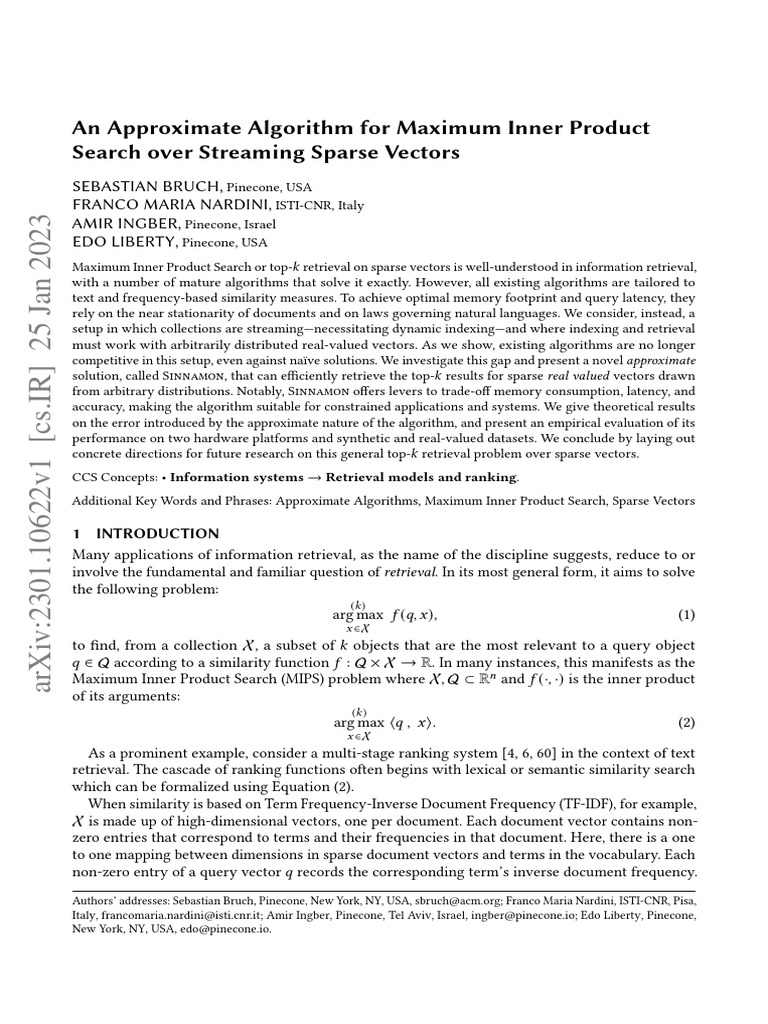An Approximate Algorithm For Maximum Inner Product Search Over Streaming Sparse Vectors | PDF ...