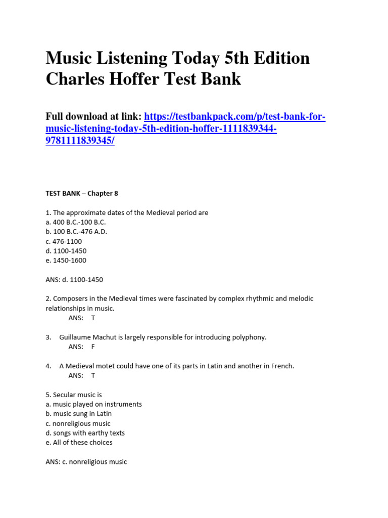 Music Listening Today 5th Edition Charles Hoffer Test Bank 1 | PDF