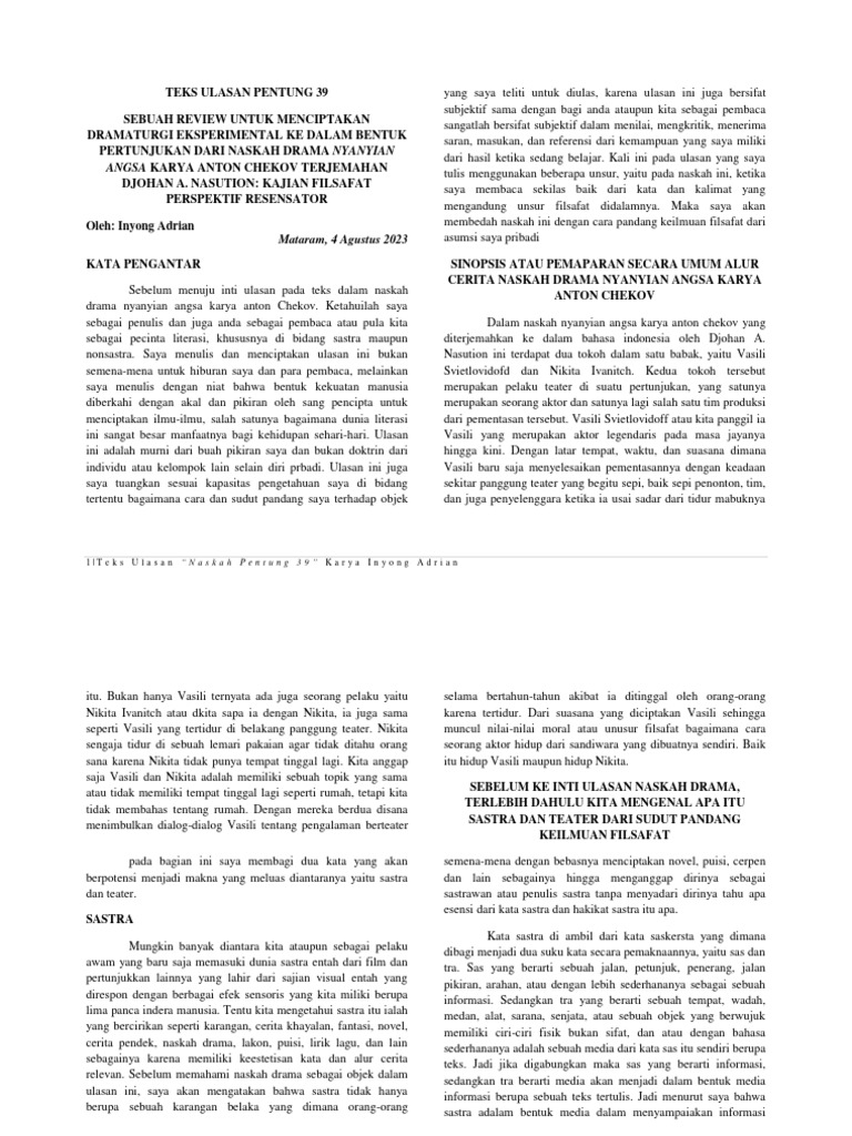 Ulasan Teks Drama "Nyanyian Angsa" Karya W.S. Rendra | PDF