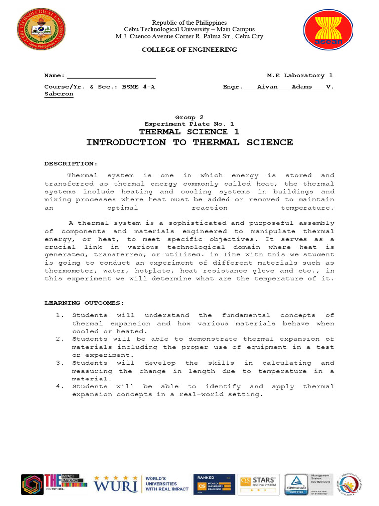 Experiment 1 Thermal Science | PDF
