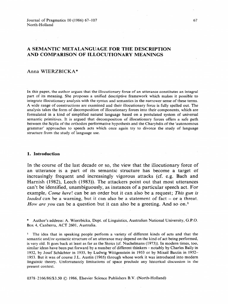 A Semantic Metalanguage For The Descript | PDF | Question | Linguistics