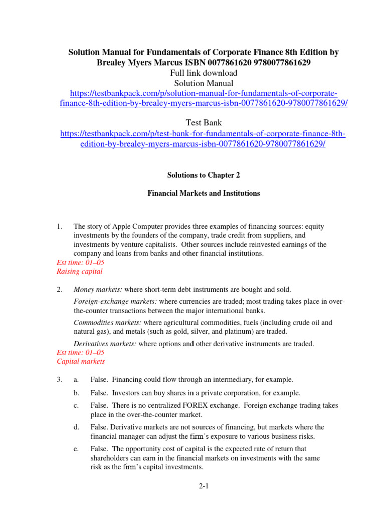 Solution Manual For Fundamentals of Corporate Finance 8th Edition by Brealey Myers Marcus ISBN ...
