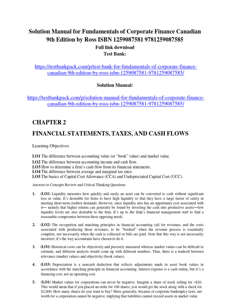 Solution Manual For Fundamentals of Corporate Finance Canadian 9th Edition by Ross ISBN ...