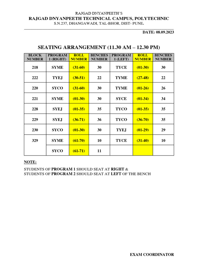 Block Seating Arrangement Details | PDF | Technology & Engineering