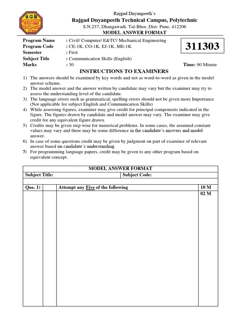 Class Test Model Answer Format 311303 | PDF