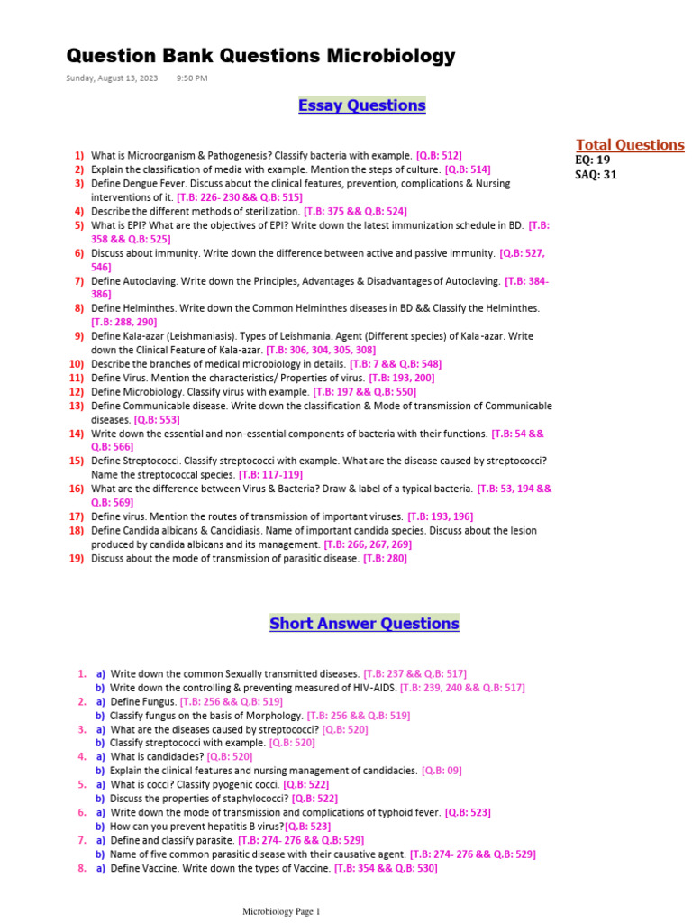Microbiology Question Bank Questions | PDF