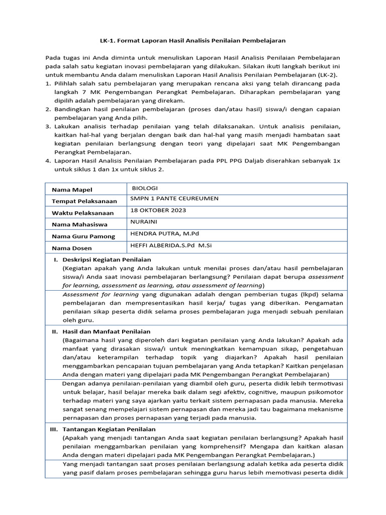 LK-1. Format Laporan Hasil Analisis Penilaian Pembelajaran | PDF