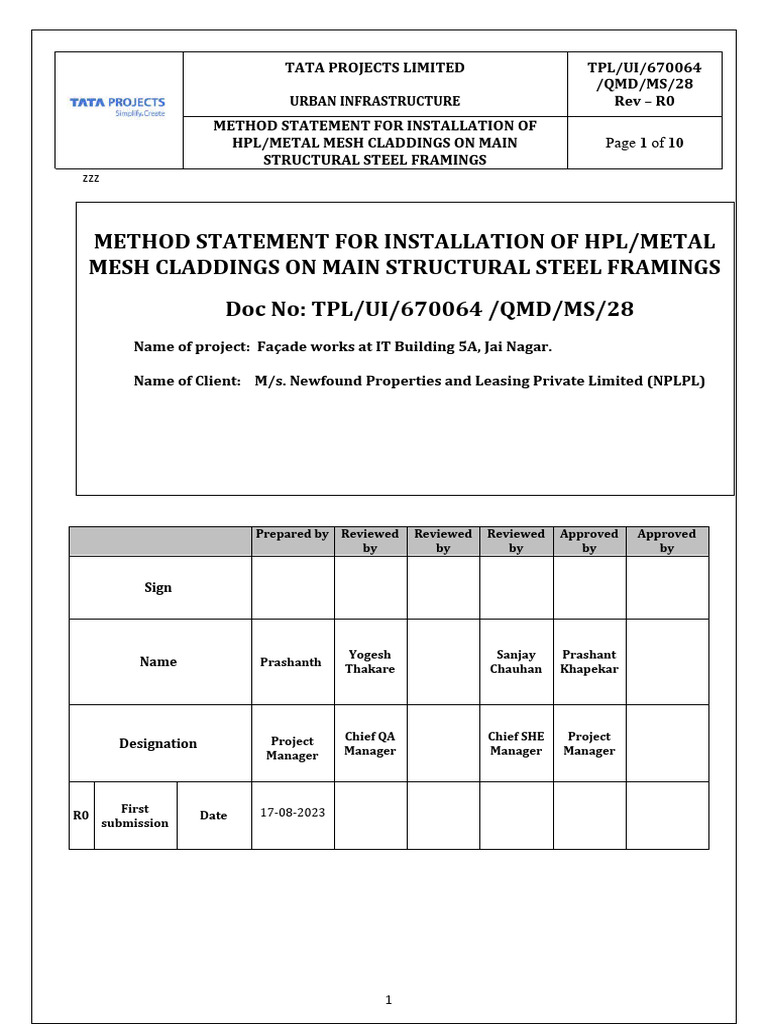 Method Statement For Installation Of Hpl And Mesh Cladding Pdf