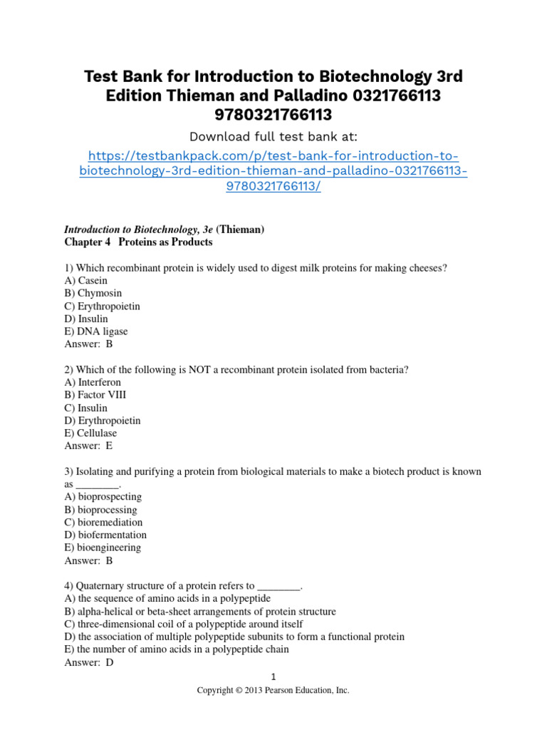 Introduction To Biotechnology 3rd Edition Thieman Test Bank 1 | PDF