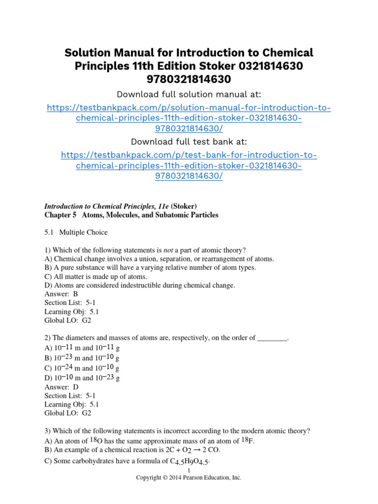 Introduction To Chemical Principles 11th Edition Stoker Test Bank 1 | PDF