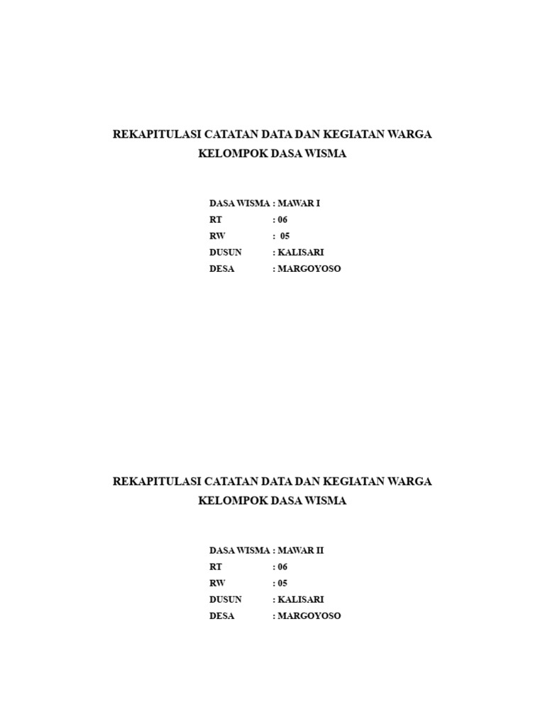 Rekapitulasi Catatan Data Dan Kegiatan Warga - Docx 1 | PDF Rekapitulasi Catatan Data Dan Kegiatan Warga - Docx 1 | PDF