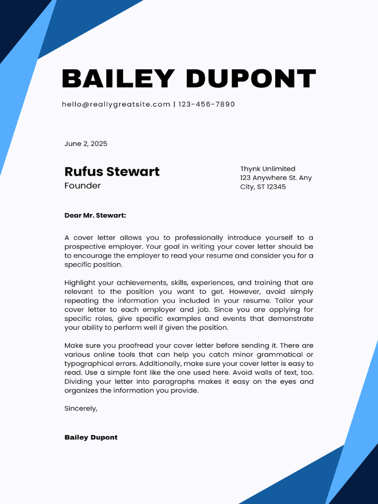 Blue Minimal Professional Company Cover Letter | PDF