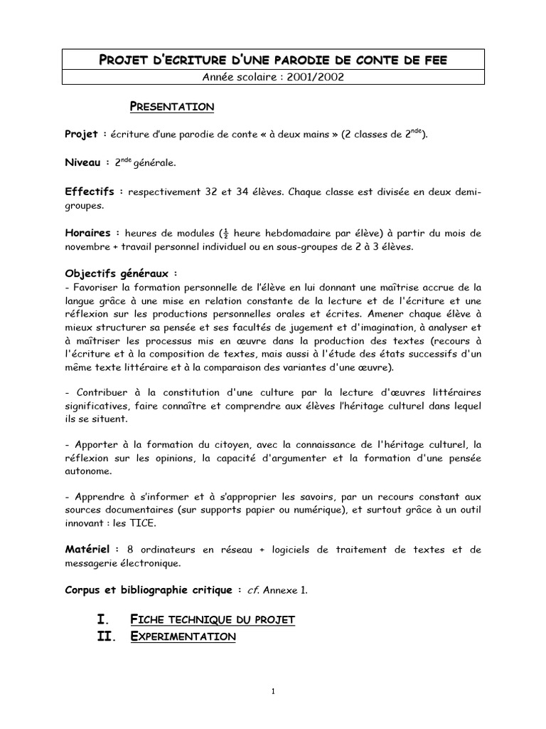 Projet d'écriture : Parodie de conte 2nde | PDF