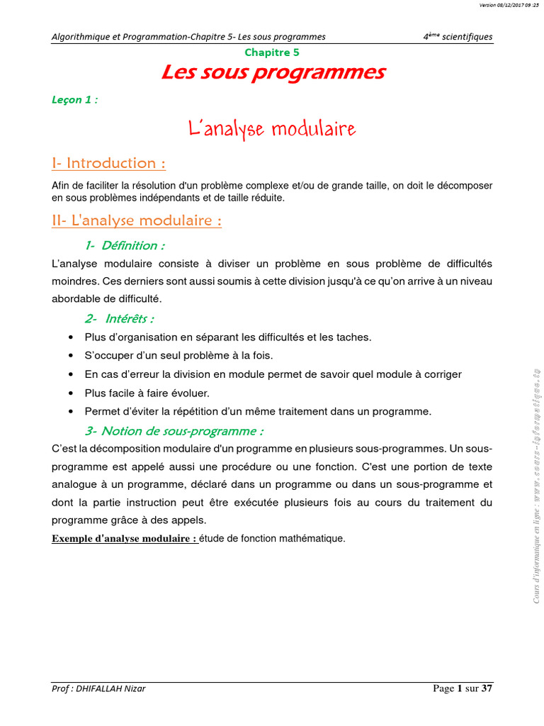 Chapitre 5 Les Sous Programmes 2018 2 | PDF Chapitre 5 Les Sous Programmes 2018 2 | PDF