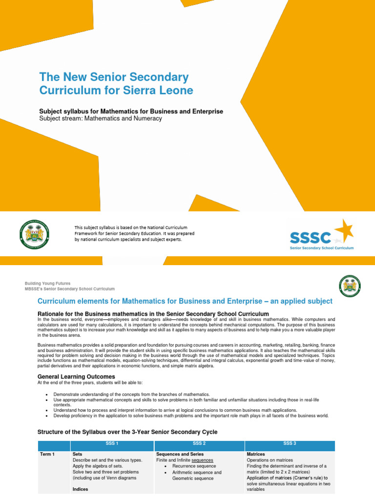 SSS Syllabus Mathematics For Business and Enterprise | PDF