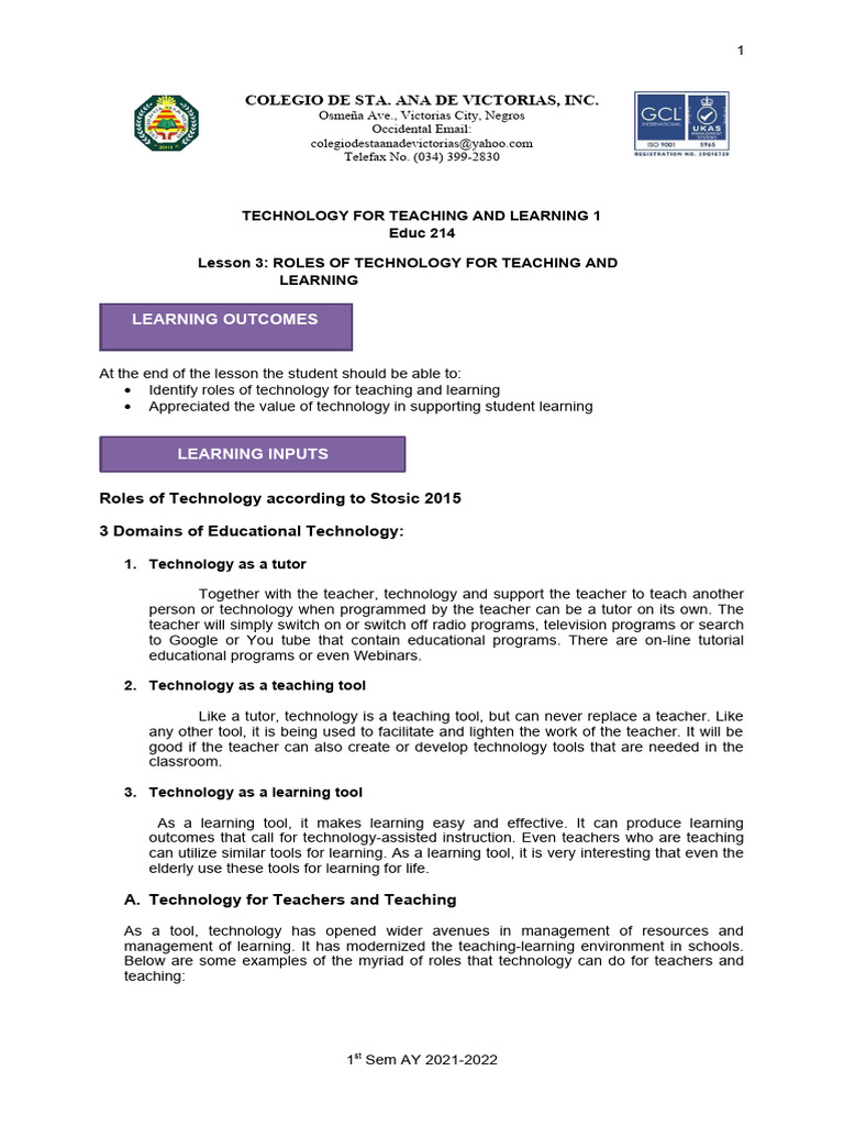 Lesson 3 Roles of Technology For Teaching and Learning | PDF | Critical ...