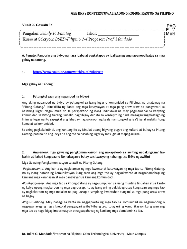 Yunit 2 Gawain 1 (PATATAG) | PDF