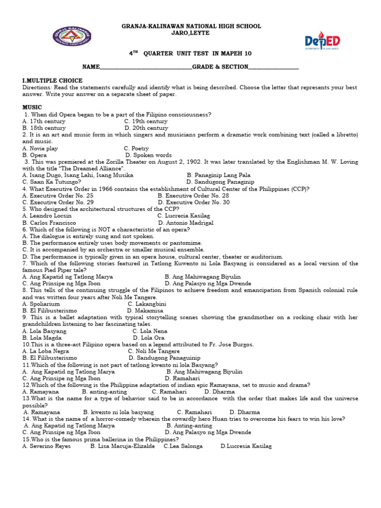 4TH Quarter Exam in Mapeh 10 | PDF