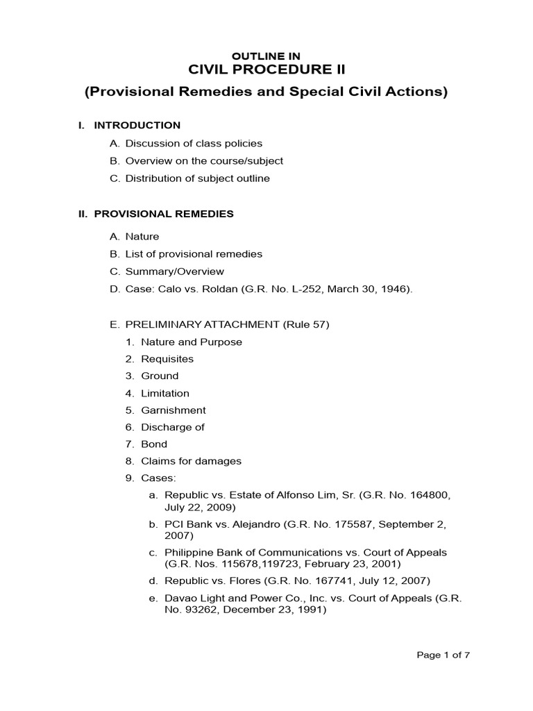 Outline in Provisional Remedies and Special Civil Actions | PDF