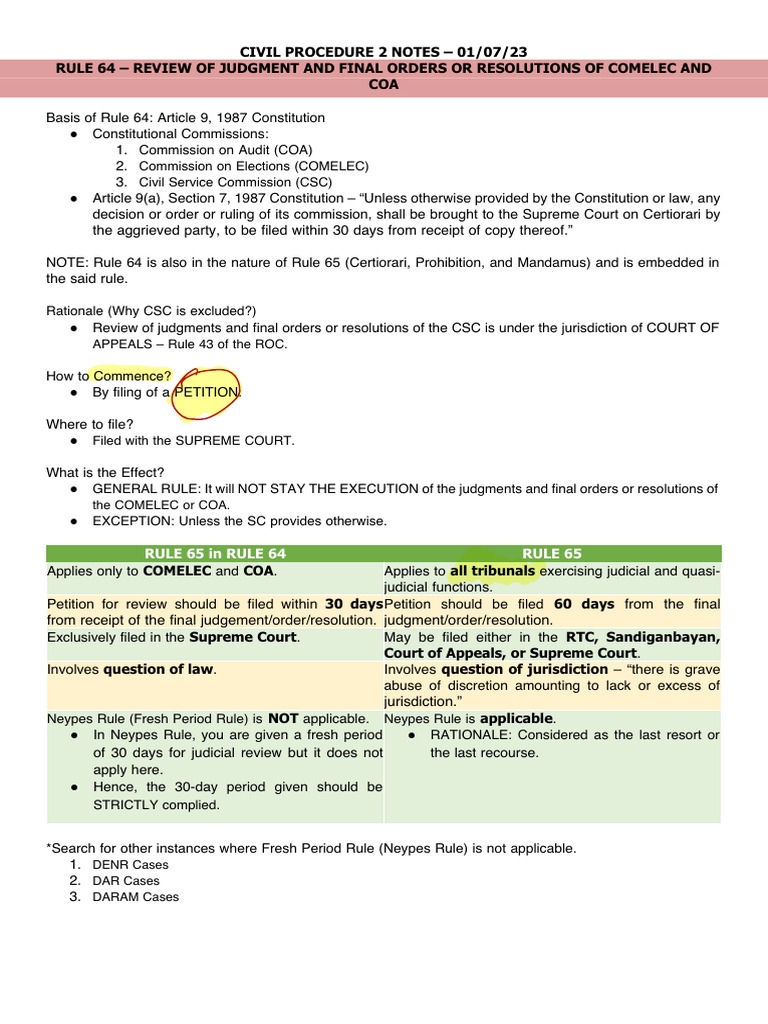 CIVPRO2 - Notes - Rule 64 Rule 71 | PDF