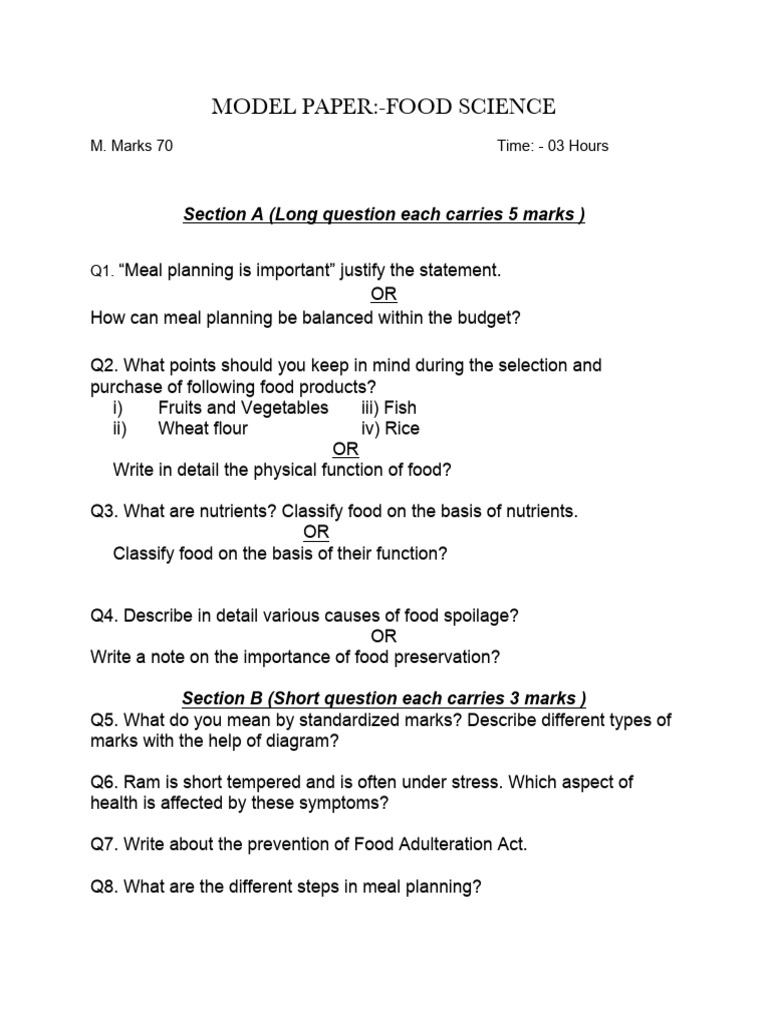 Food Science 1 Modal Test Paper 11 TH | PDF